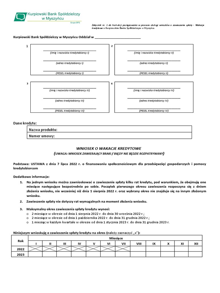 Wniosek o Wakacje Kredytowe | PDF