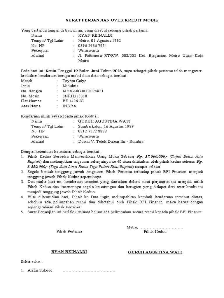 Surat Perjanjian Over Kredit Mobil | PDF