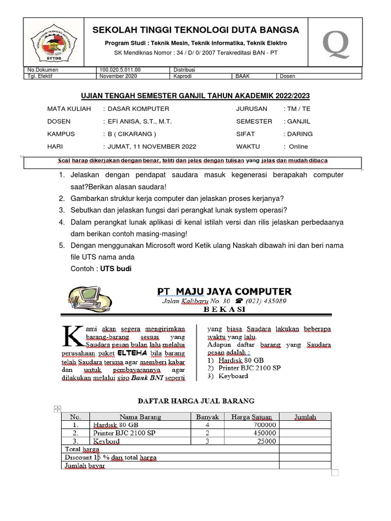 Soal Uts Dasar Komputer | PDF