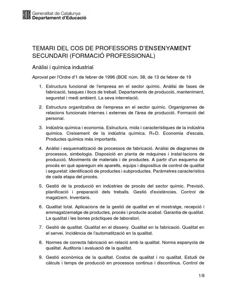 Temari Del Cos de Professors D'Ensenyament Secundari (Formació Professional) | PDF