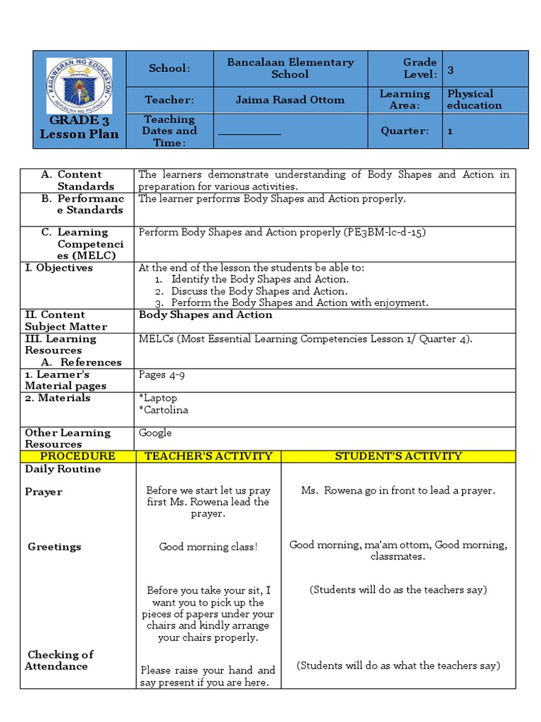 Lesson Plan Body Shapes and Action | PDF | Teachers | Learning