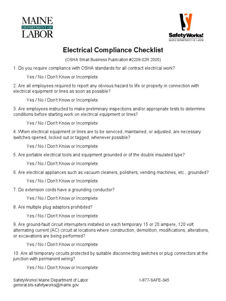 OSHA2209 Electrical Compliance Checklist | PDF | Electrical Wiring ...