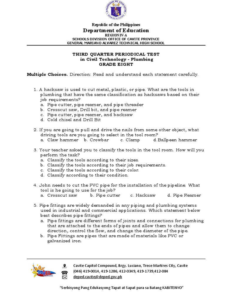 Grade 8 Plumbing Test | PDF | Plumbing | Pipe (Fluid Conveyance)