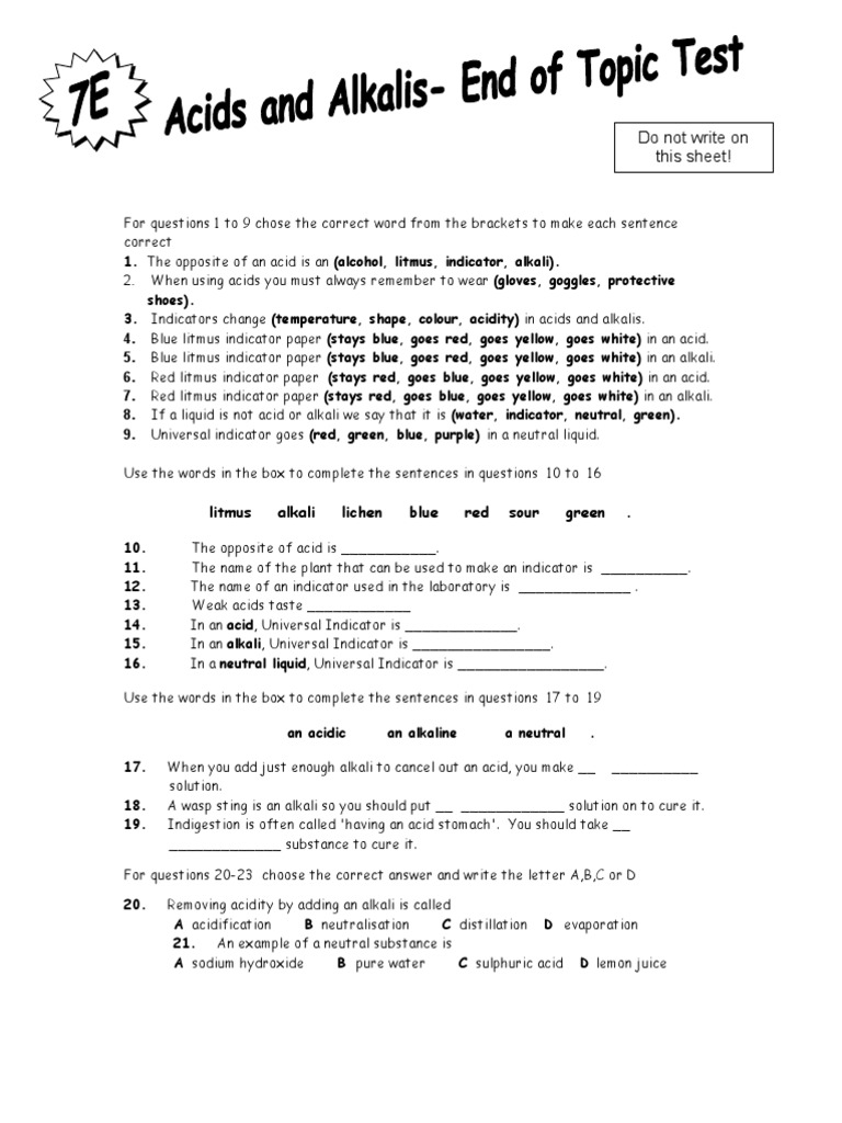 7E Acids and Alkalis Test 2004 | PDF | Ph | Chemical Compounds