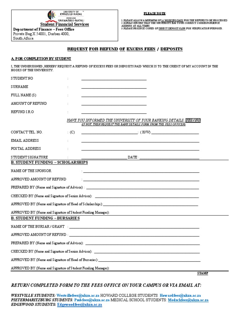 Student Refund Form | PDF | Fee | Banks
