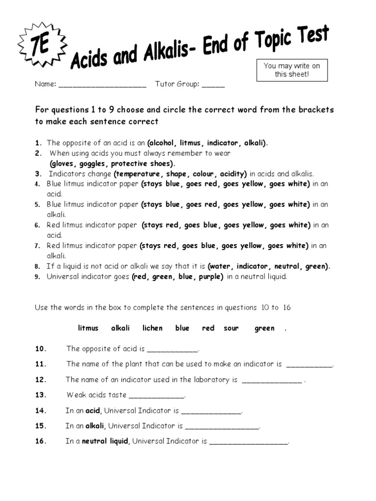 7E Acids and Alkalis Test SEN 2004 | PDF | Ph | Physical Chemistry
