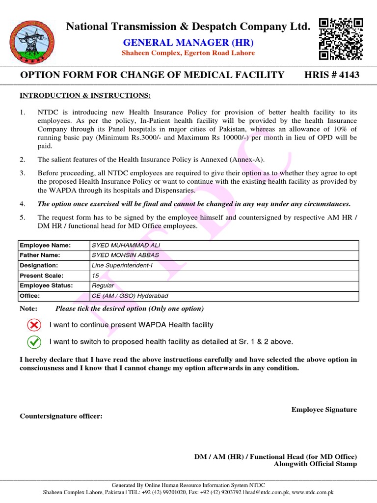 National Transmission & Despatch Company LTD.: Option Form For Change ...