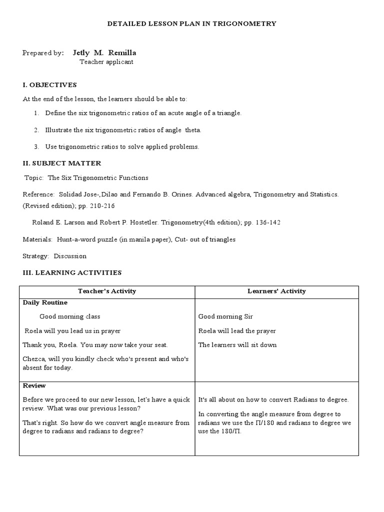 Lesson Plan in Trigonometry | PDF | Trigonometric Functions | Geometric ...