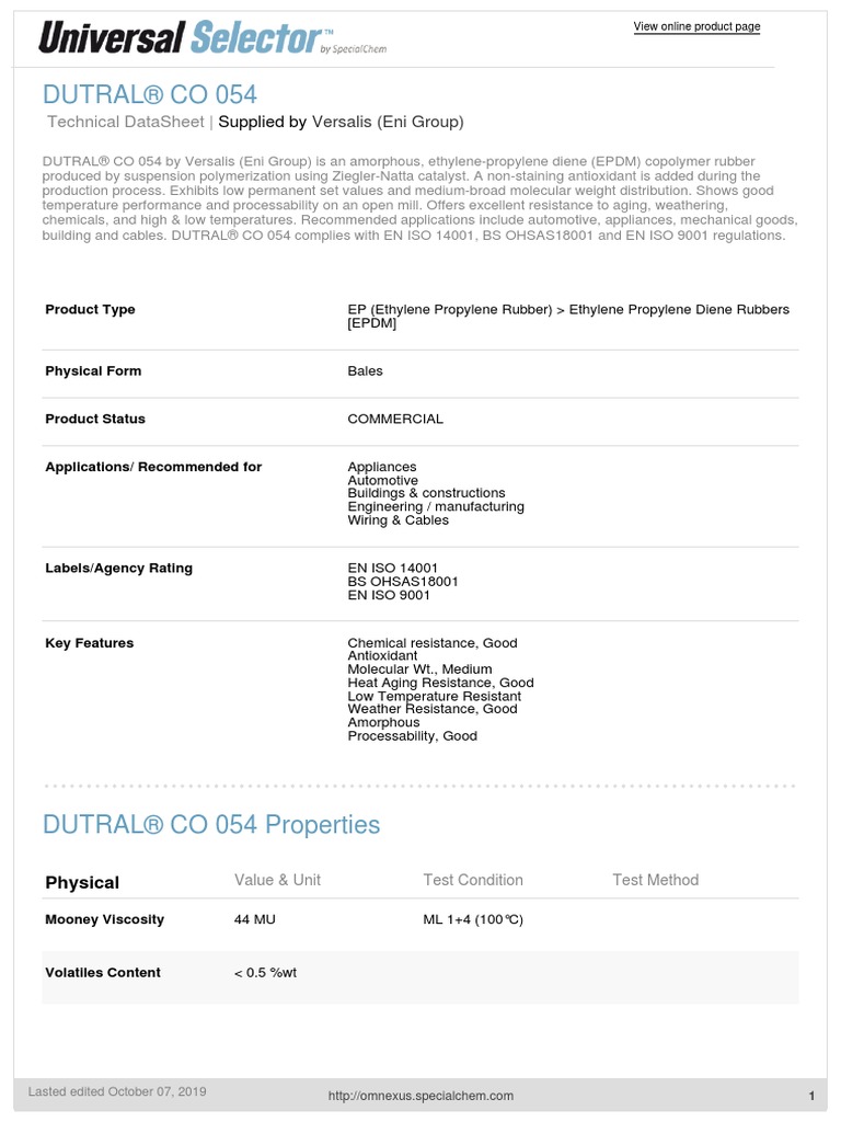 DUTRALÂ® CO 054 - Versalis (Eni Group) | PDF | Materials | Physical ...