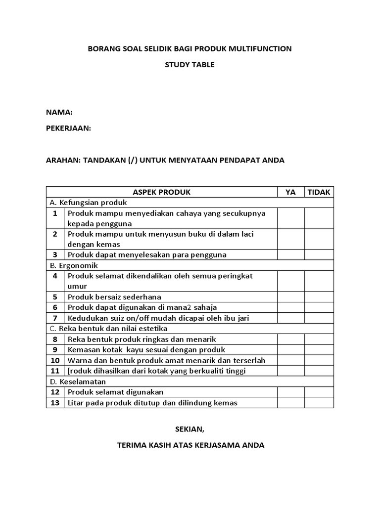 Borang Soal Selidik Bagi Produk Multifunction | PDF