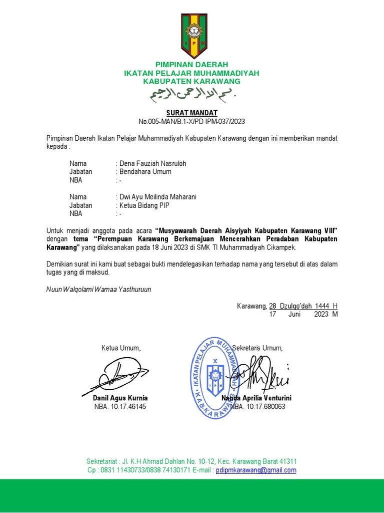 Surat Mandat IPM Karawang 2023 | PDF