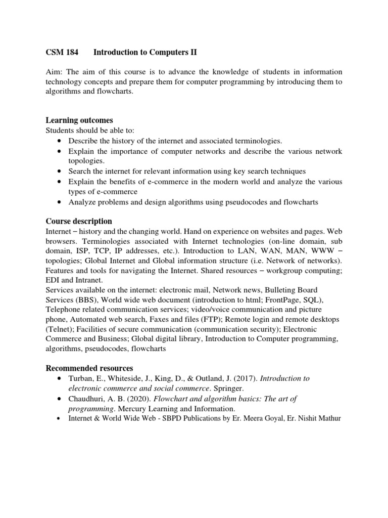 CSM 184 Introduction To Computers II | PDF | Computers
