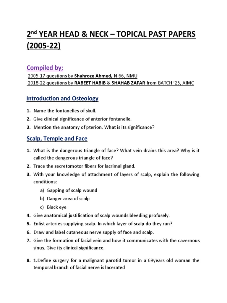 Head and Neck 2nd Year Topical Past Papers 2005-22-1 | PDF | Common ...