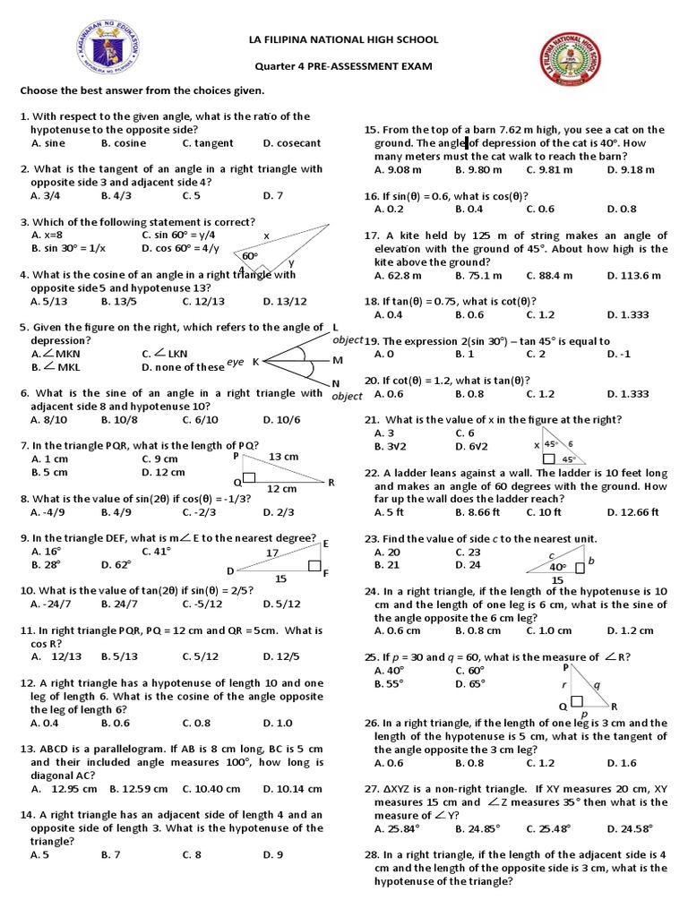 Pre Assessment Q4 Math 9 | PDF | Trigonometric Functions | Triangle