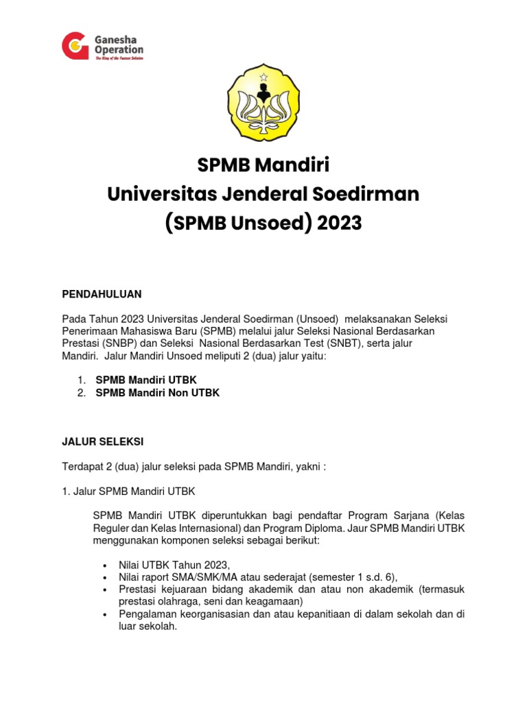 SPMB Mandiri Universitas Jenderal Soedirman (SPMB Mandiri Unsoed) 2023 | PDF
