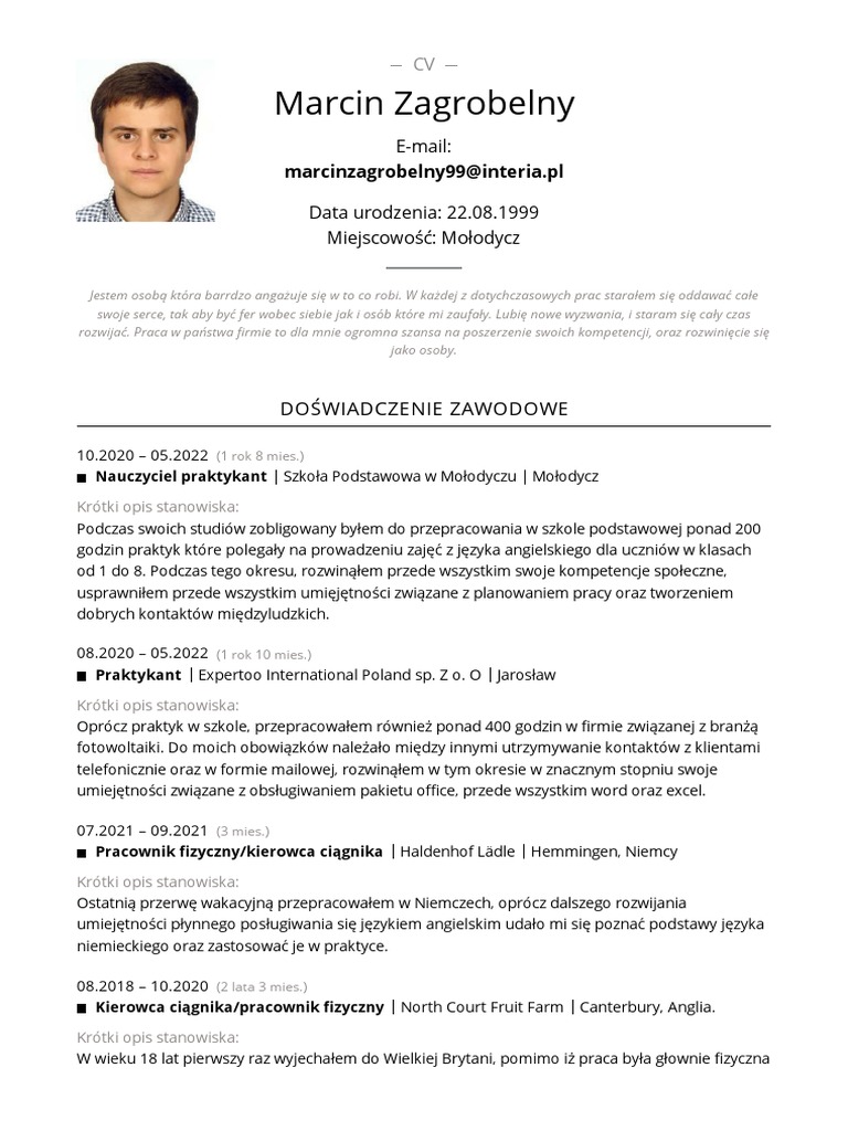CV Marcin Zagrobelny | PDF