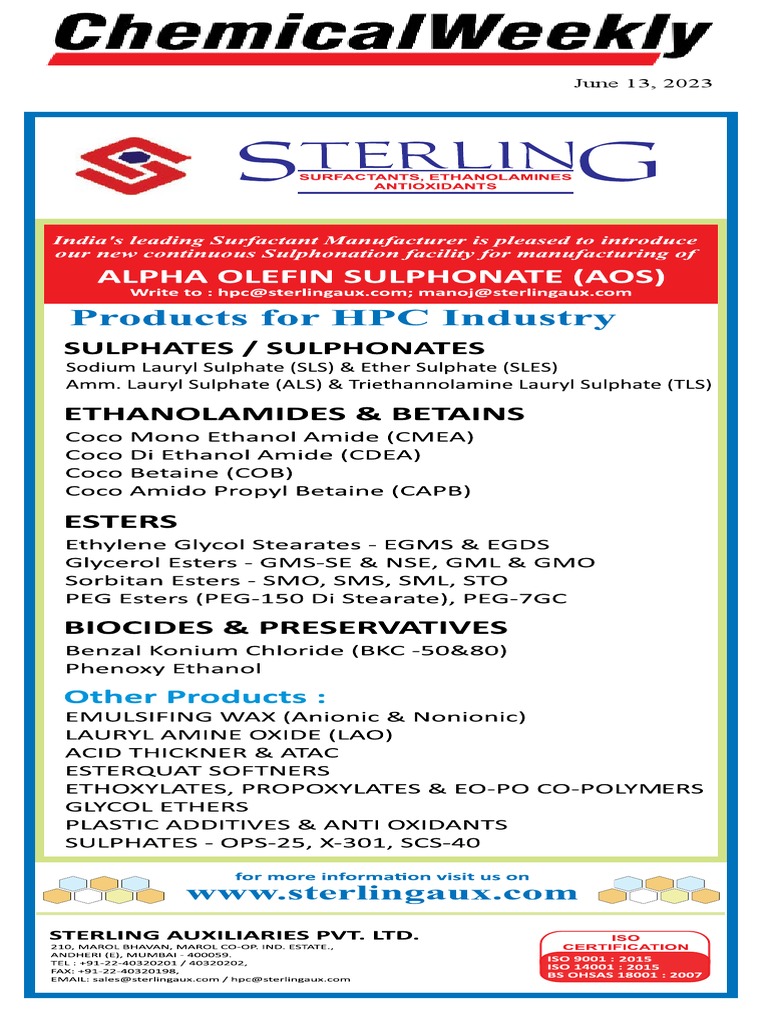 Chemical Weekly Jun13 | PDF | Acetic Acid | Amine