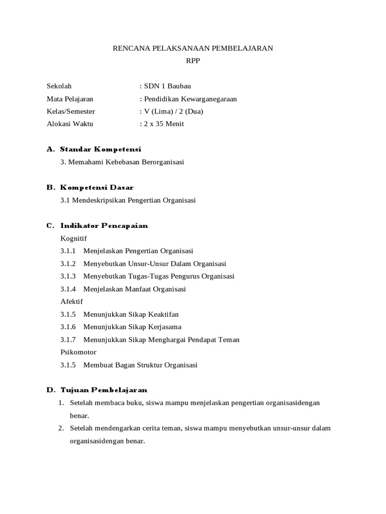 RPP Kelas 5 Menjelaskan Pengertian Organisasi | PDF | Pengembangan Diri ...