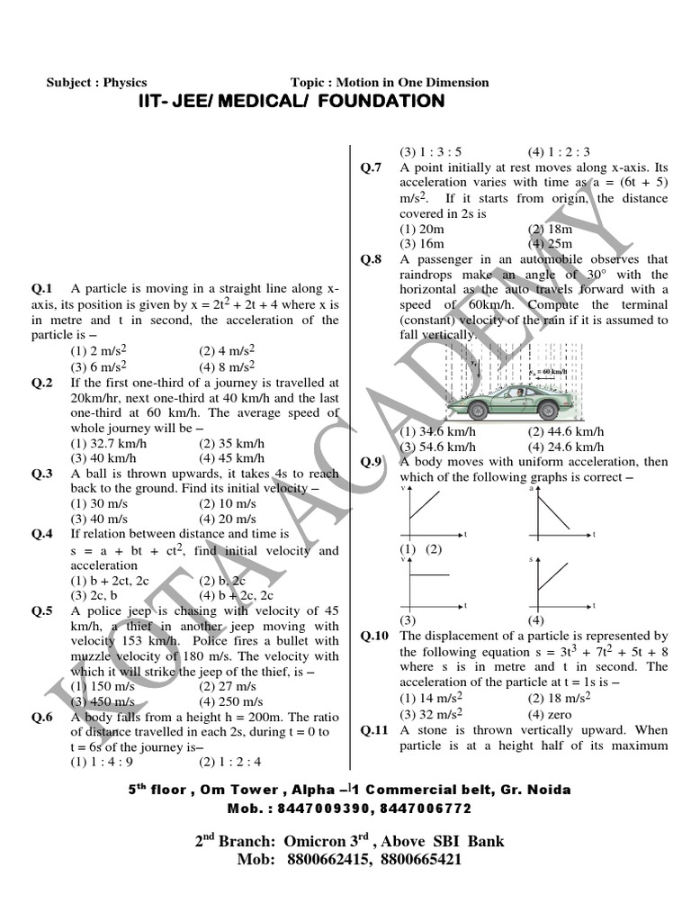 XI-Physics ASSIGNMENTS - (Motion in One Dimension) | Download Free PDF | Acceleration | Velocity