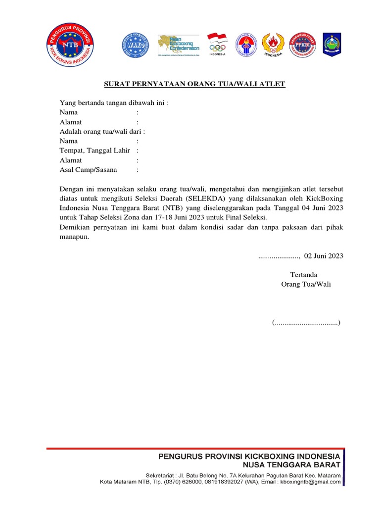 Surat Pernyataan Atlet dan Orang Tua Wali | PDF
