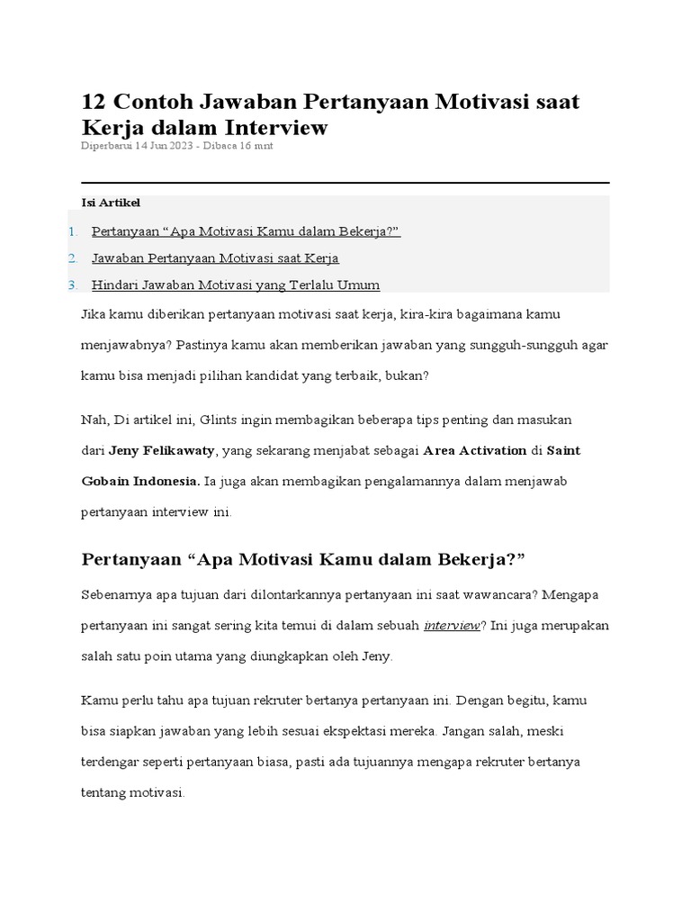12 Contoh Jawaban Pertanyaan Motivasi Saat Kerja Dalam Interview | PDF