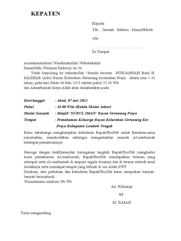 Undangan Pemakaman Almarhumah Nurjannah | PDF