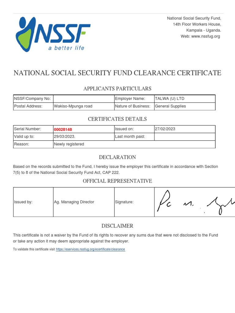 NSSF Certificate | PDF