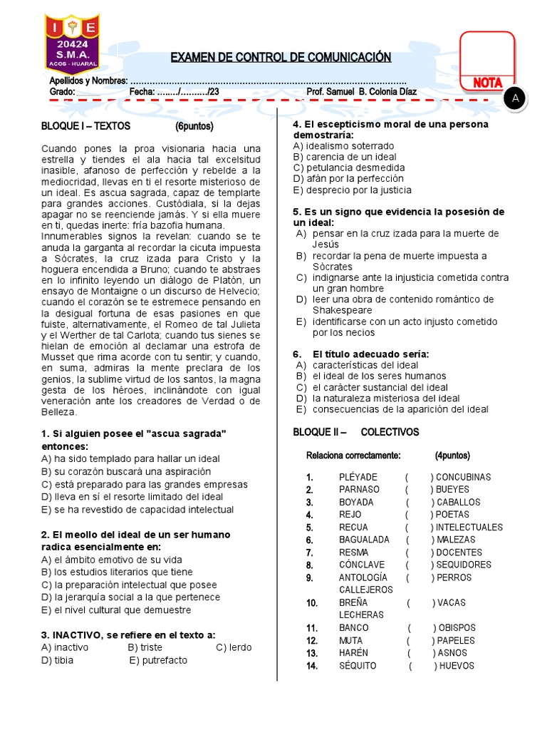 Examen de Comunicacion 5to Sec Acos | PDF