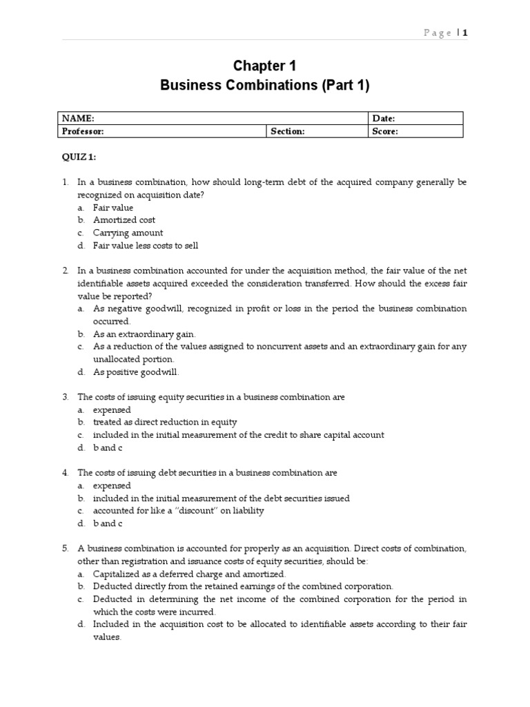 Quiz Chapter 1 Business Combinations Part 1 | PDF | Goodwill ...