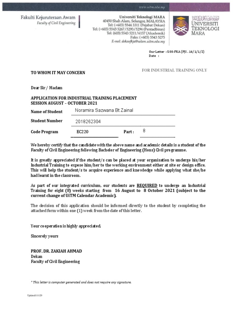 2021 - Ogos - Application Placement Letter | PDF | Technology & Engineering