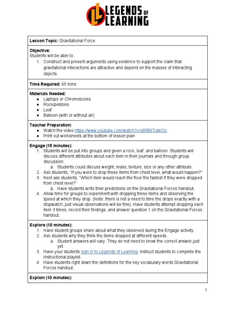 Gravitational Forces 5E Lesson Template Legends of Learning | PDF ...