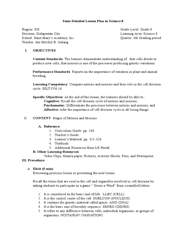 Semi-Detailed Lesson Plan in Science 8 | PDF | Meiosis | Mitosis