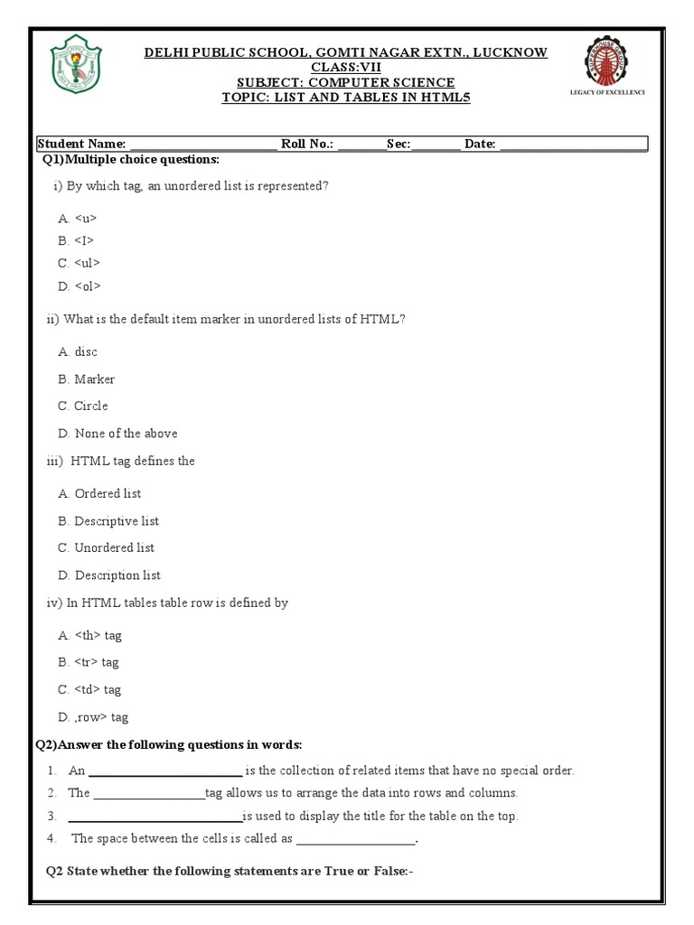 list and table in HTML CLASS 7 | PDF | Html Element | Html