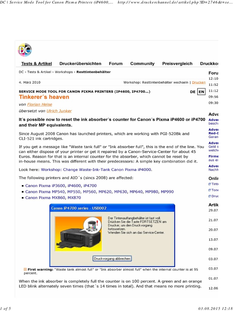 Service Mode Tool For Canon Pixma Printers (Ip4600, Ip4700... ) | PDF | Printer (Computing ...