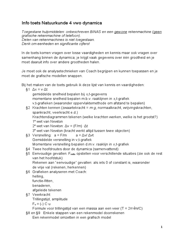 Overzicht Van Onderwerpen en Opgavenselectie Dynamica 4V Voor de Toets ...