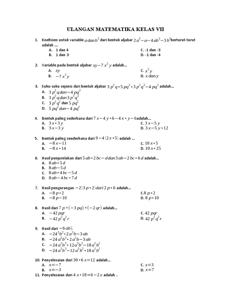 Ulangan Matematika Kelas VII: Soal dan Jawaban | PDF