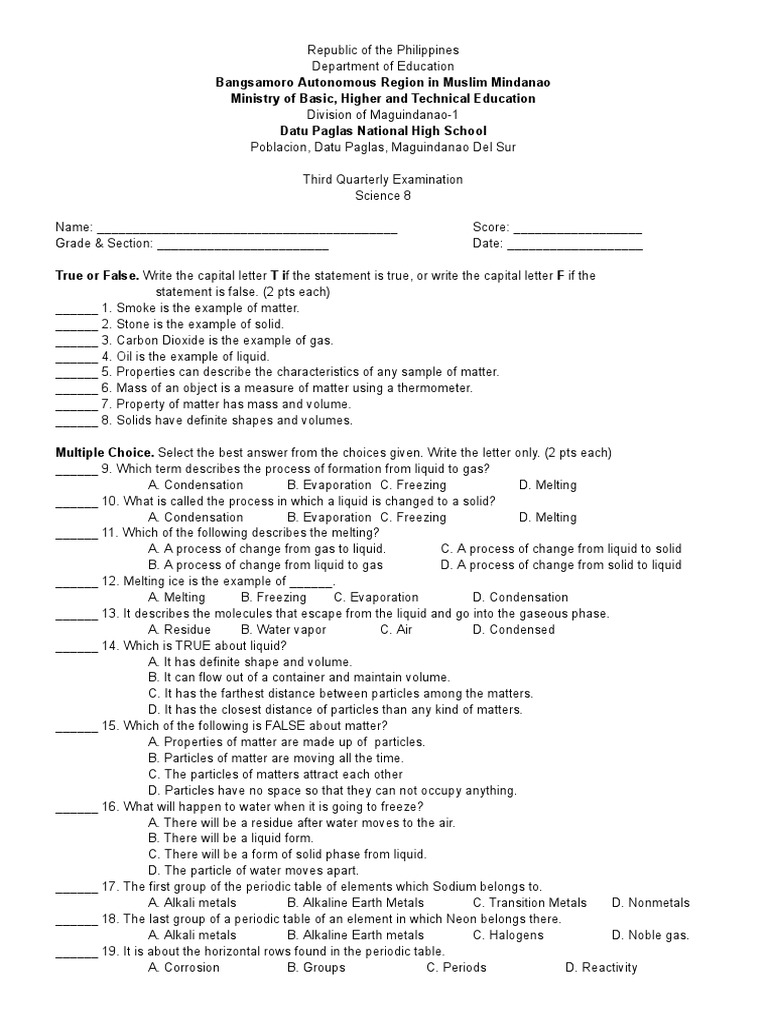 Science 8 Quarterly Exam Guide | PDF | Periodic Table | Liquids
