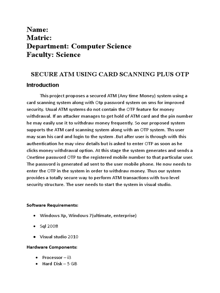 Secure ATM Using Card Scanning Plus OTP | PDF