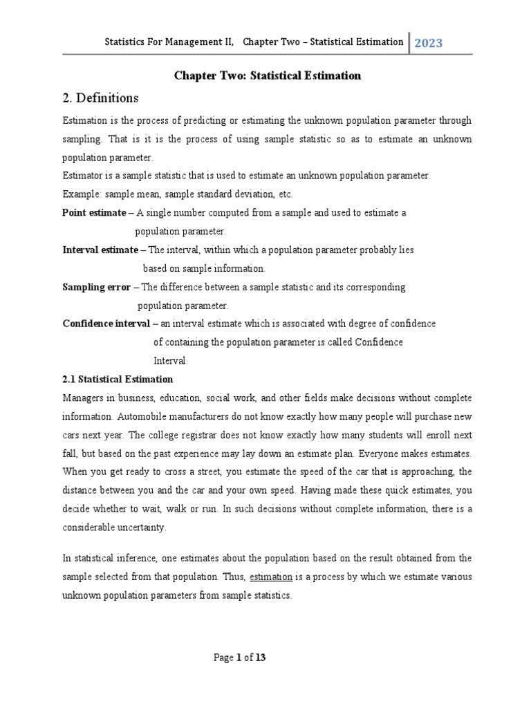Chapter 2 Statistics Estimation Final | PDF | Estimator | Confidence ...
