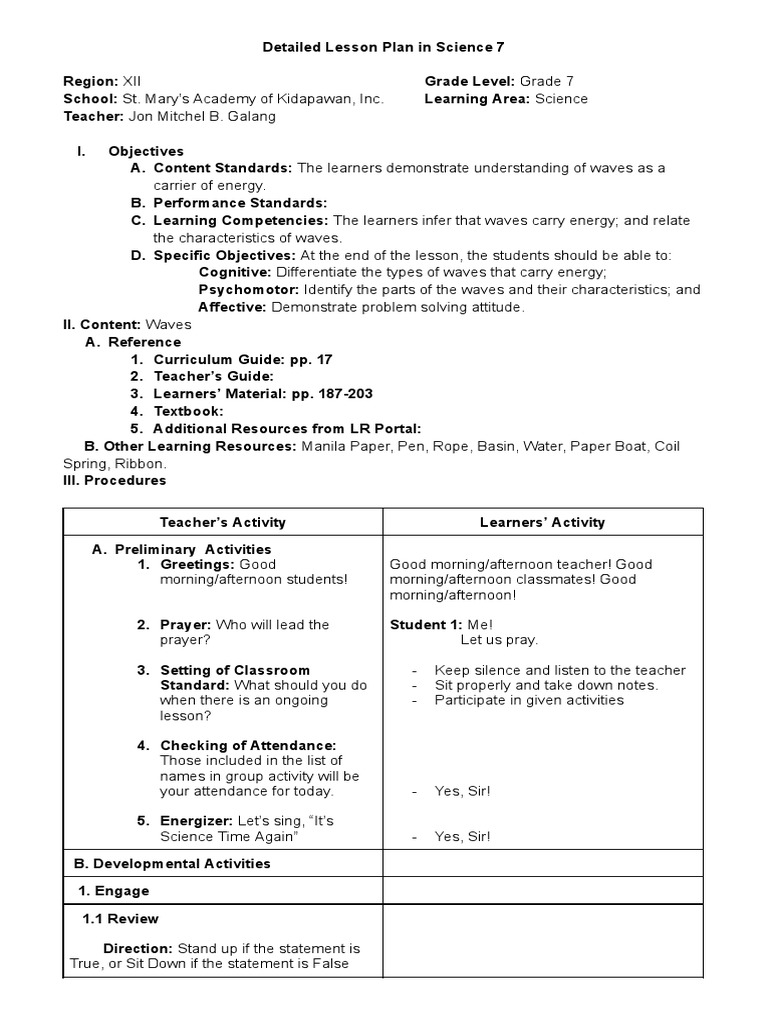 Grade 7 Waves Lesson Plan | PDF | Waves | Wavelength