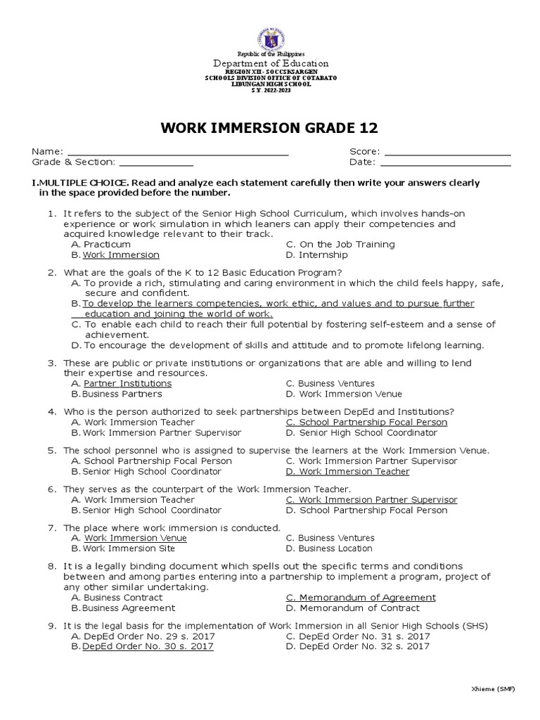 TQ For Work Immersion | PDF | Teachers | Learning