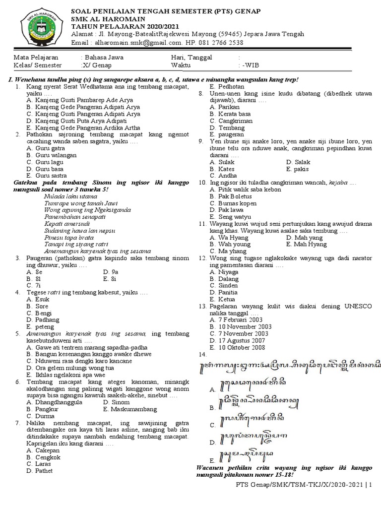 Soal PTS B.jawa KLS 10 | PDF