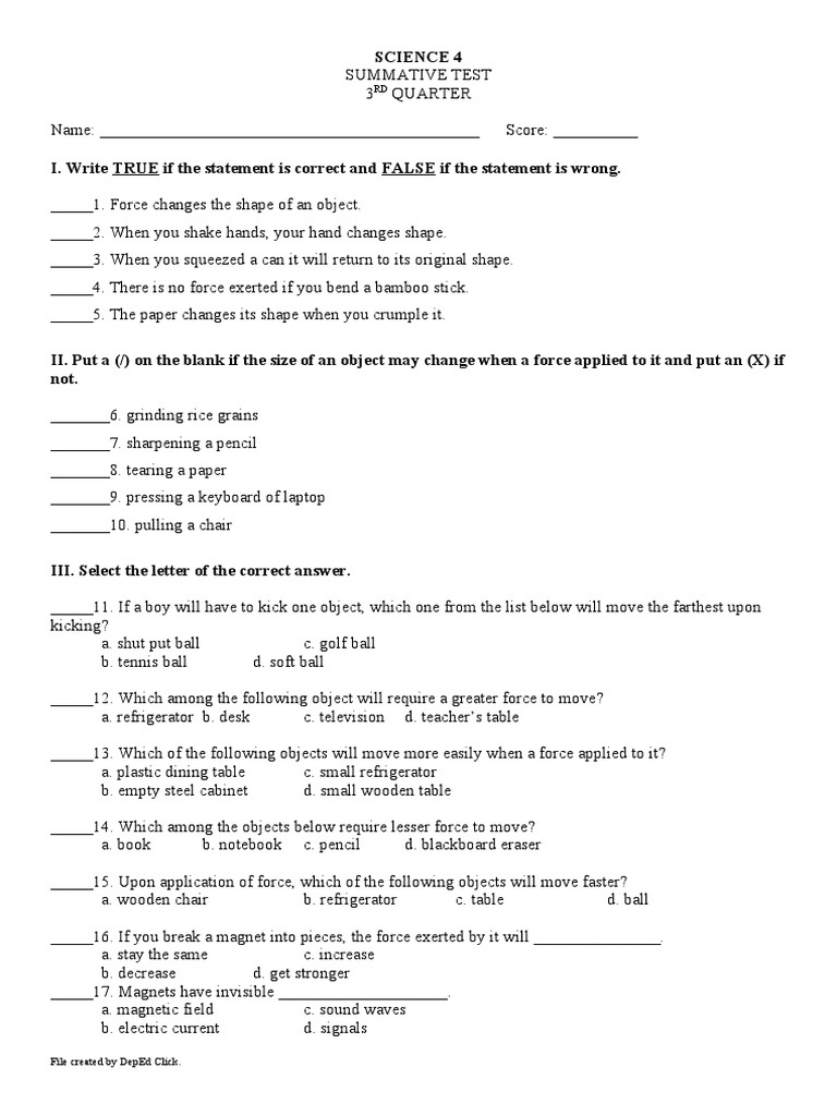 Sci4 ST1 Q3 | PDF | Force | Materials