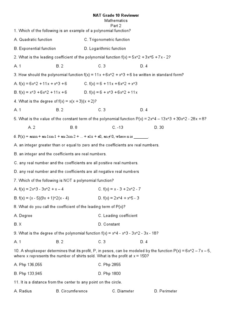 NAT Grade 10 Reviewer (Mathematics) Part 2 | PDF | Circle | Function ...