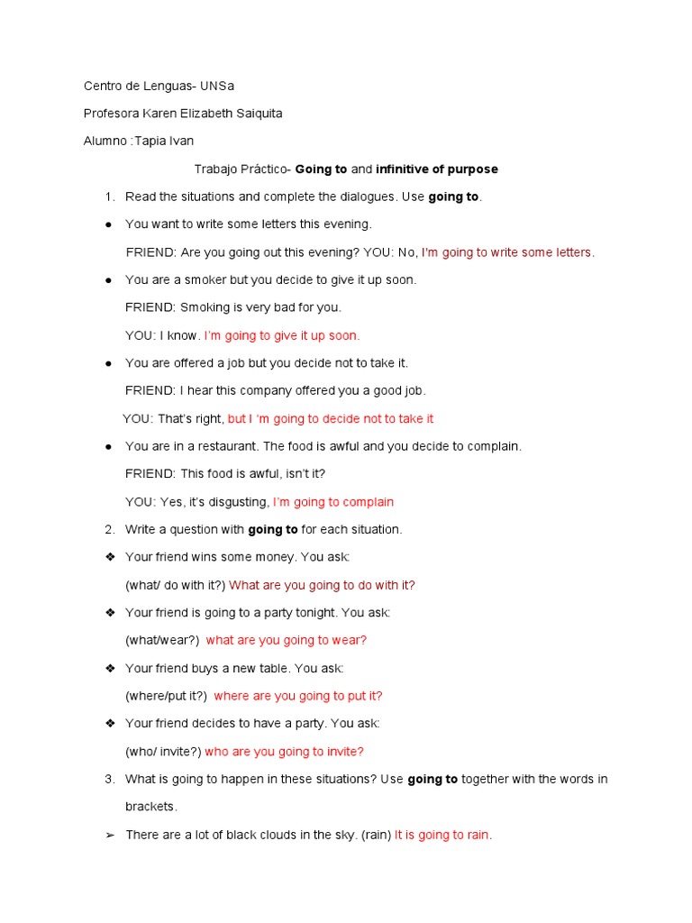 TP- Be going to and infinitive of purpose | PDF