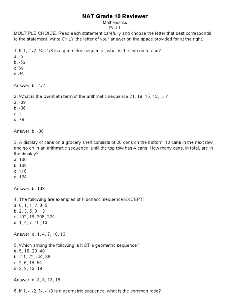 NAT Grade 10 Reviewer (Mathematics) Part 1 | PDF | Mathematical ...