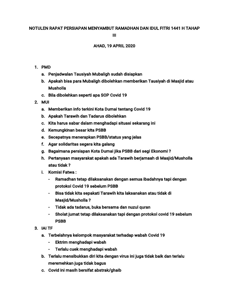 Notulen Rapat Persiapan Menyambut Ramadhan Dan Idul Fitri 1441 H Tahap ...