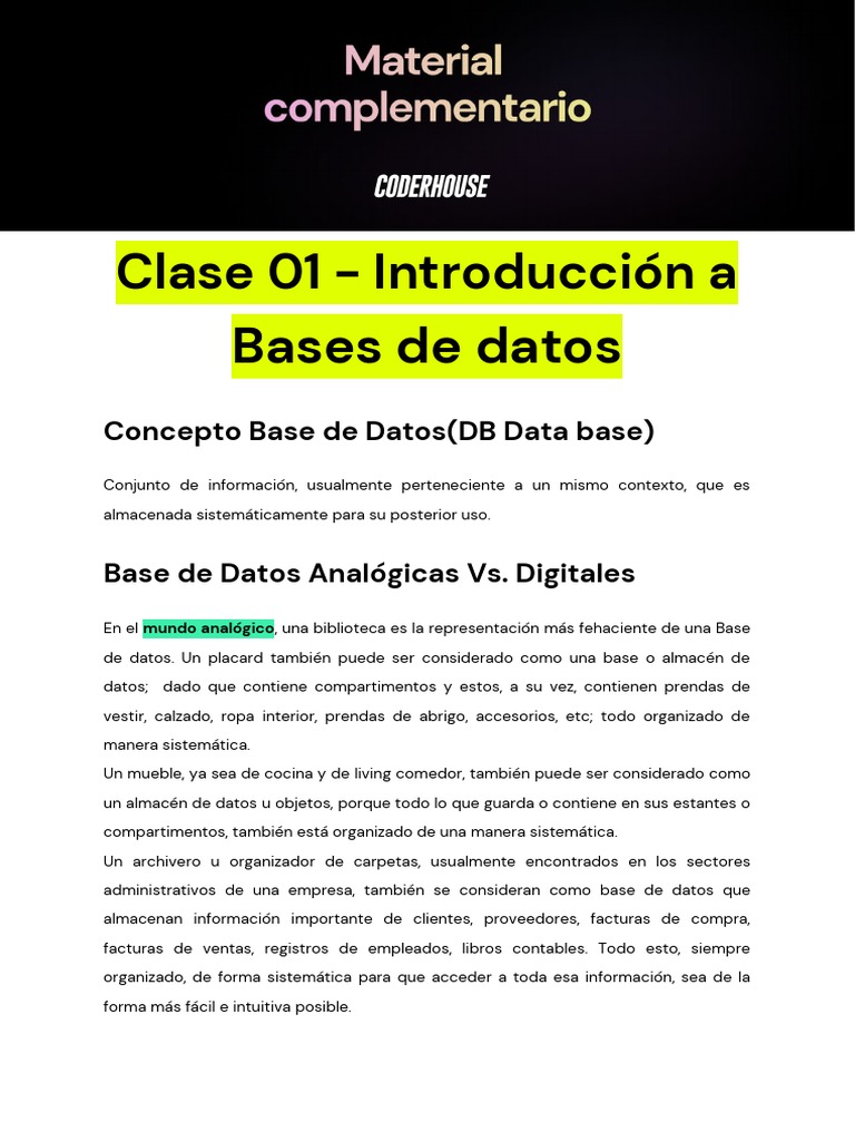 Clase 01 - SQL - Introducción A Bases de Datos | PDF | Bases de datos | SQL