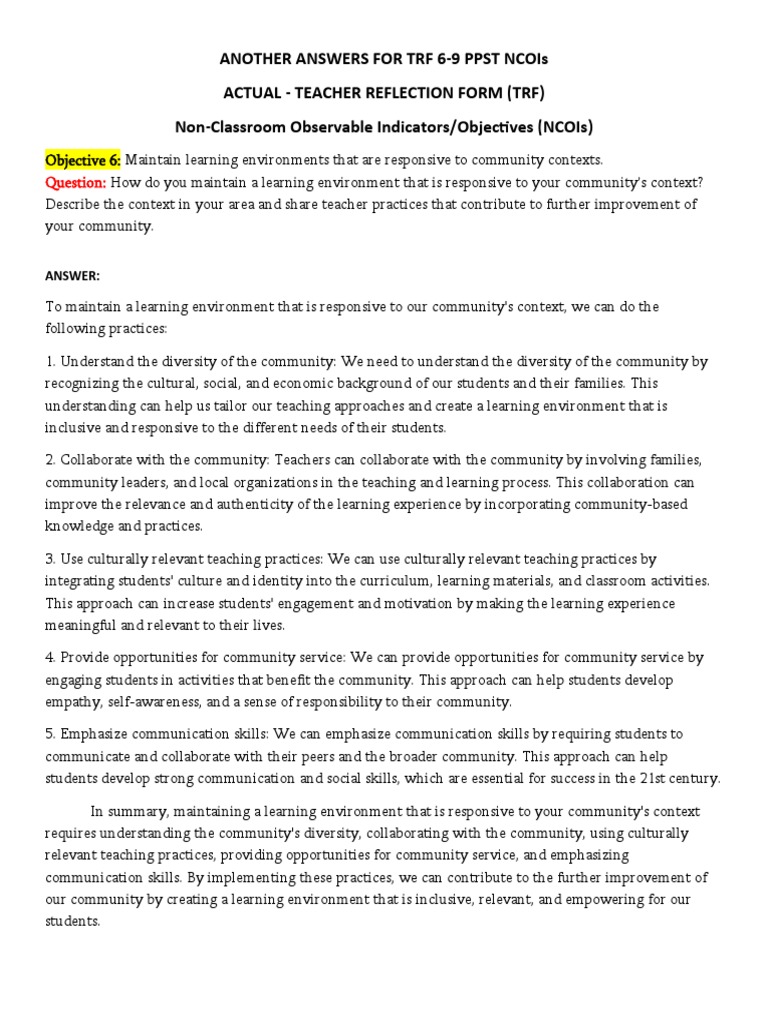 Trf Objectives 6 9 Set 4 Answers Pdf Teachers Learning