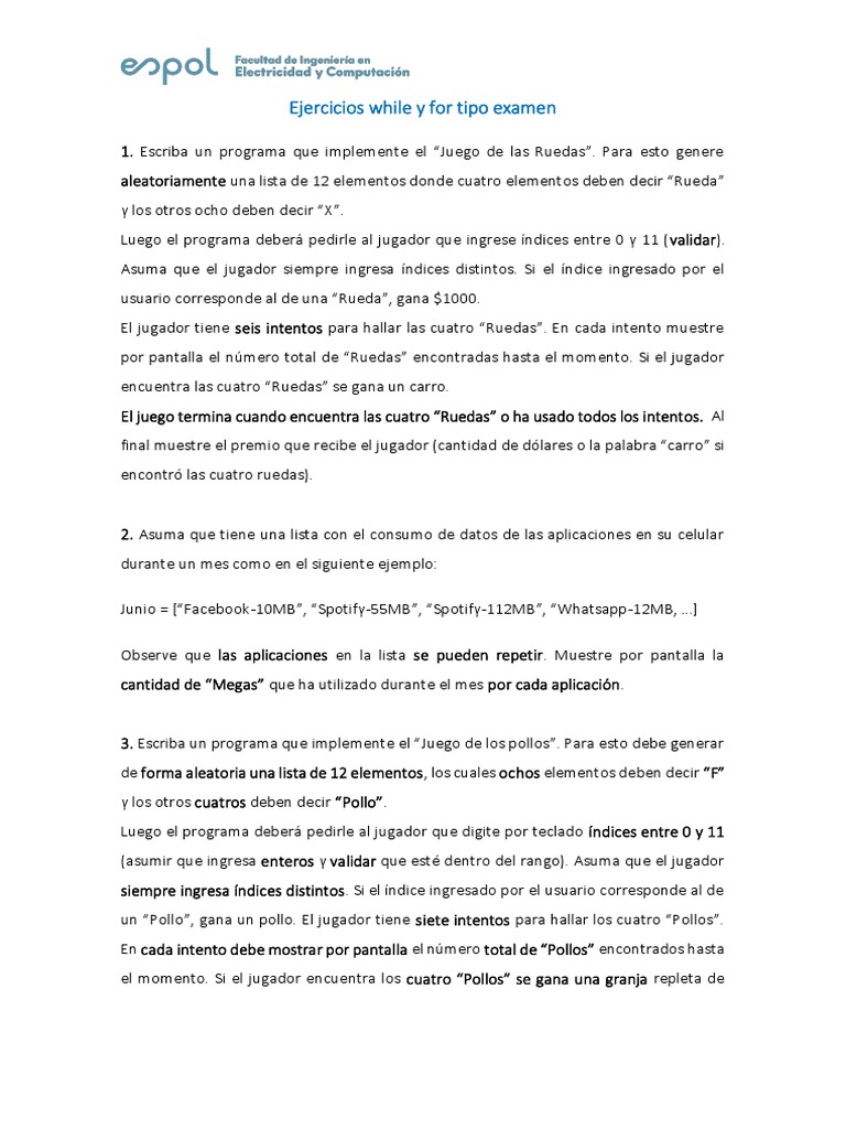 Ejercicios While y For Tipo Examen | PDF | Pollo | Informática